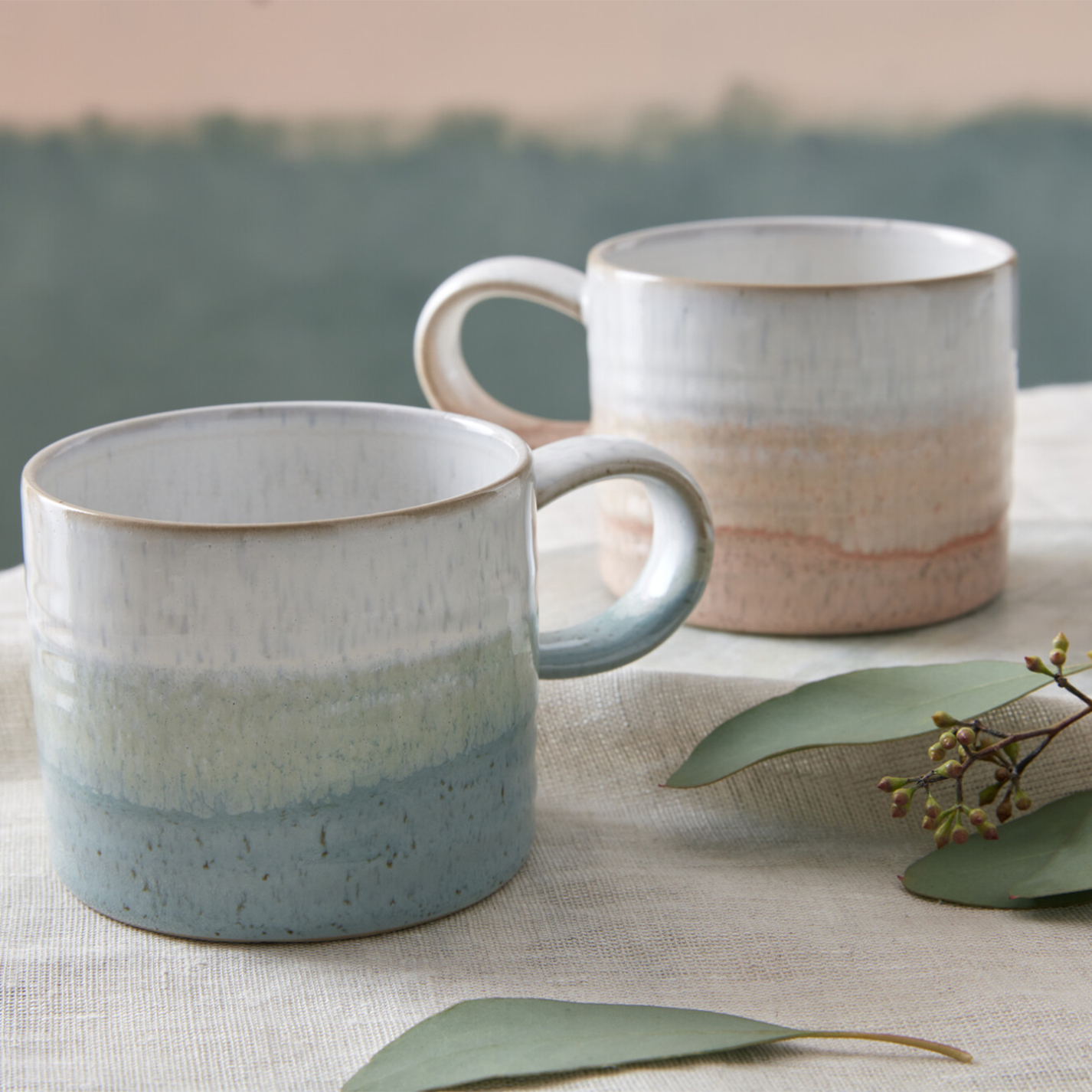 Kiln Green And Coral Small Ridged Mugs - Set Of 2 – Denby